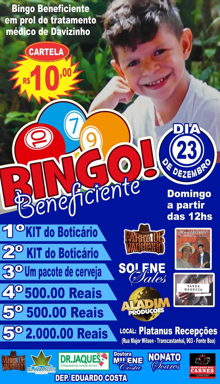 Bingo beneficente em prol do menino Davi